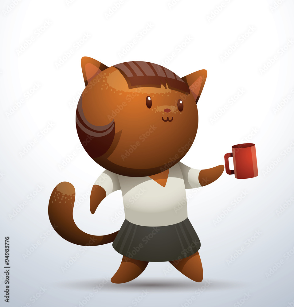 Vector Cat in office, with a cup. Cartoon image of a ginger cat woman ...