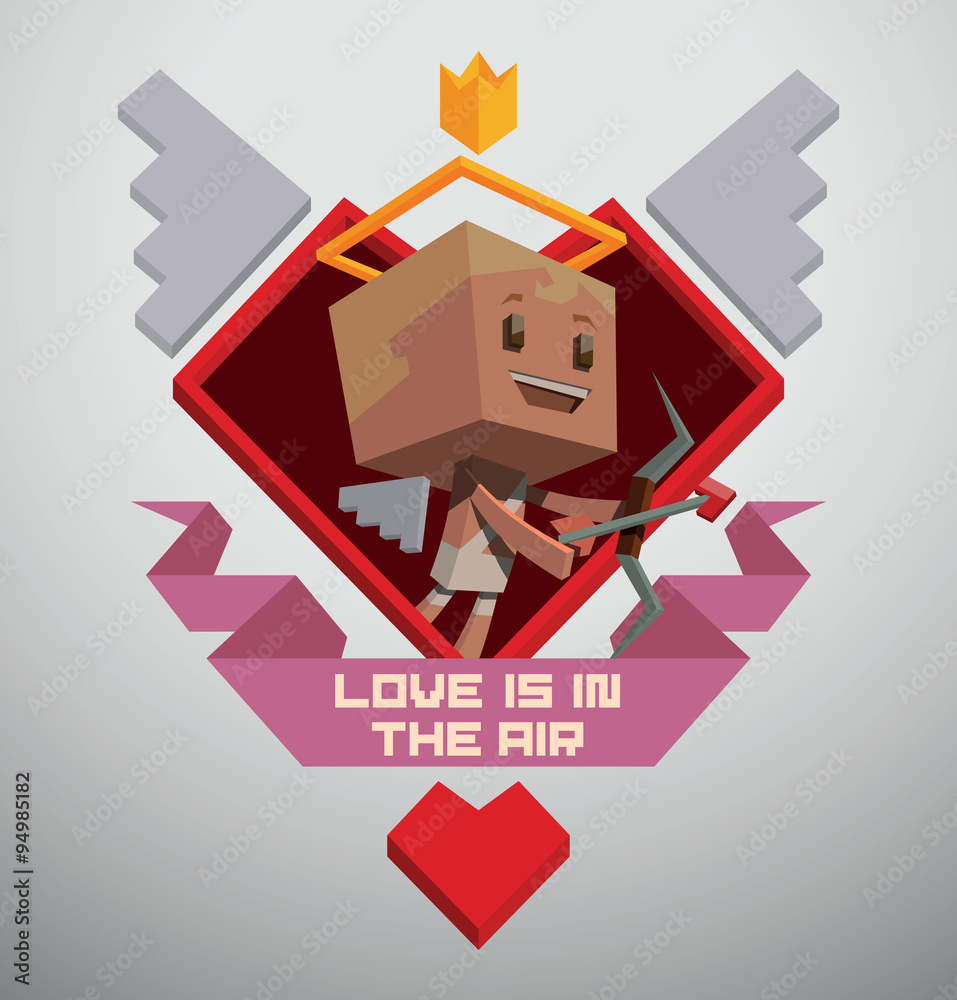 Vector cartoon image of a emblem of red heart symbol with cube cupid ...