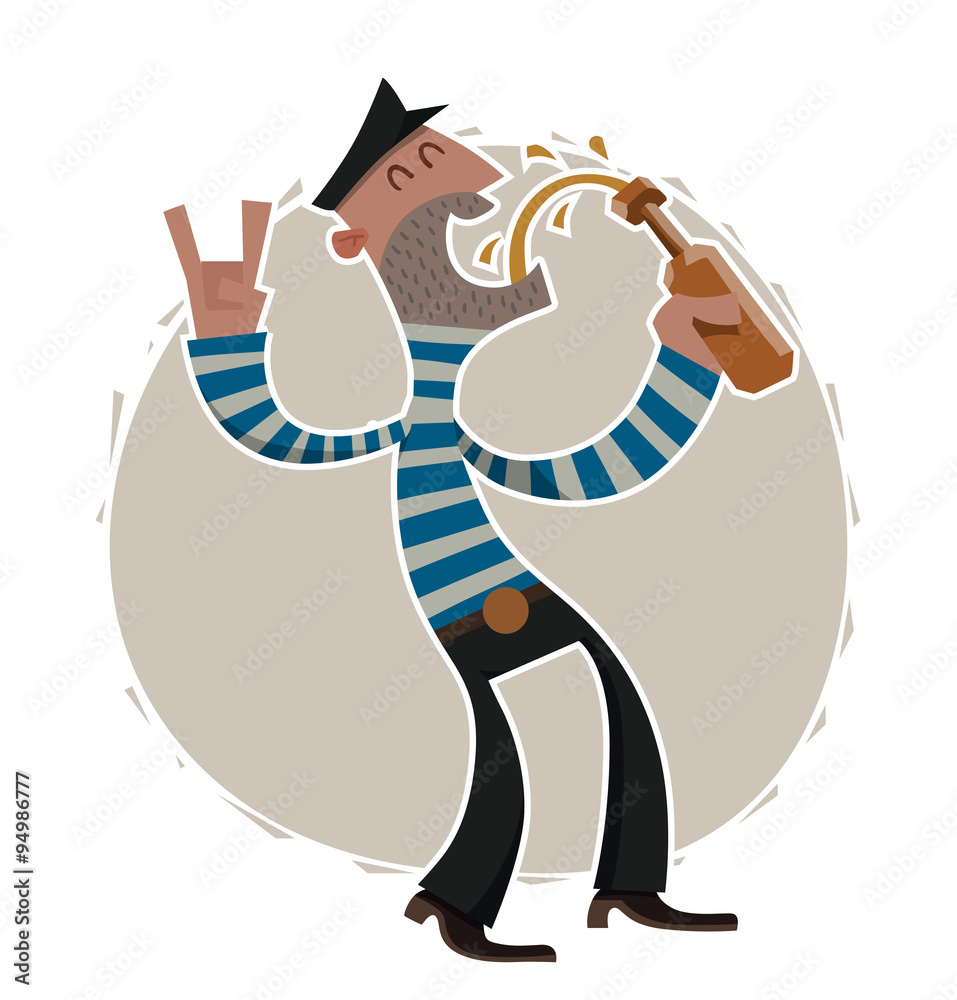 Vector cartoon image of a drunken sailor in black trousers, white and ...