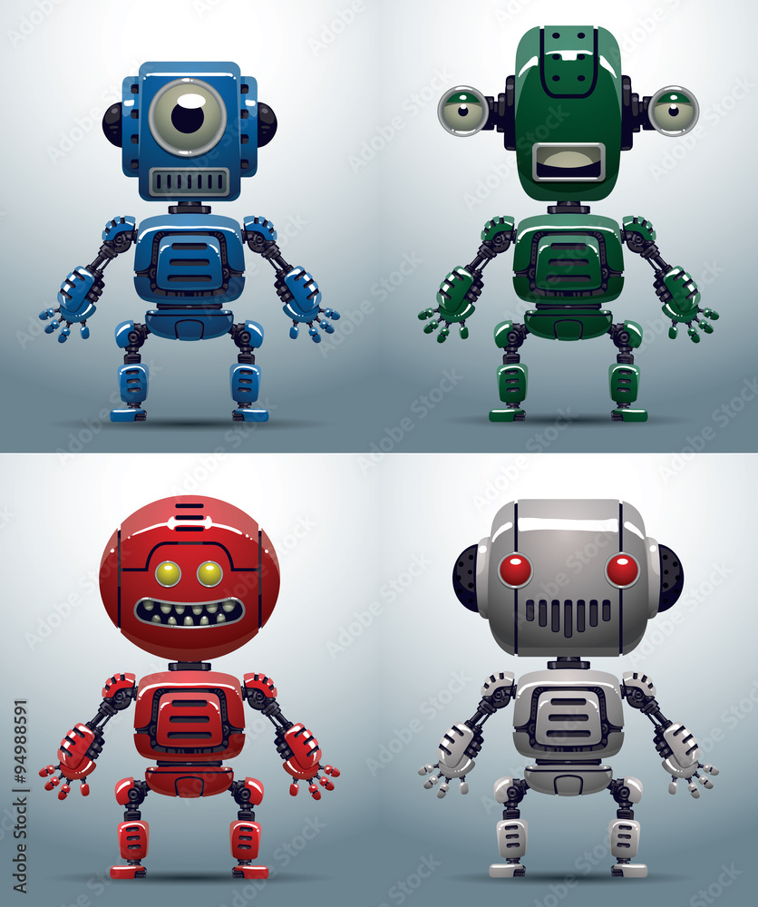 Vector Set of robots. Cartoon image of four funny robots, blue, green ...