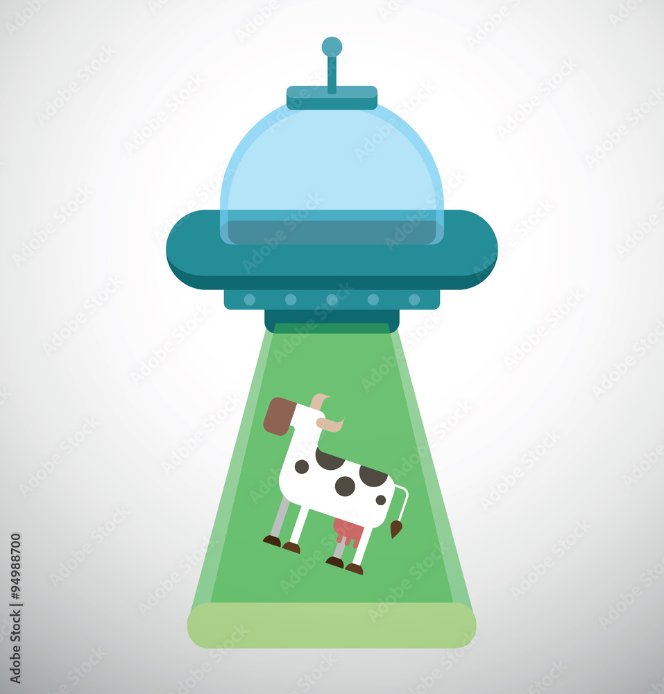 Vector UFO abducts a cow. Cartoon image of a blue UFO abducts a black ...
