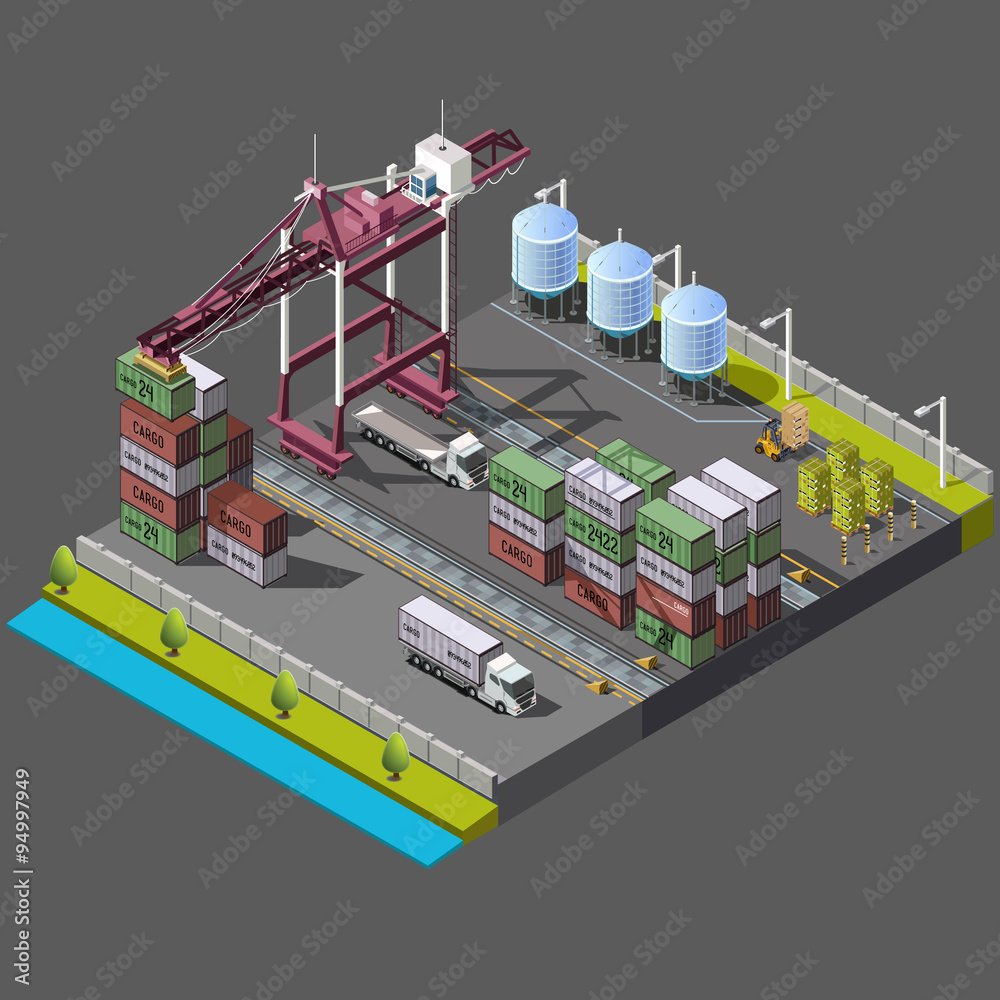 Isometric vector set with construction crane for loading, delivery and ...