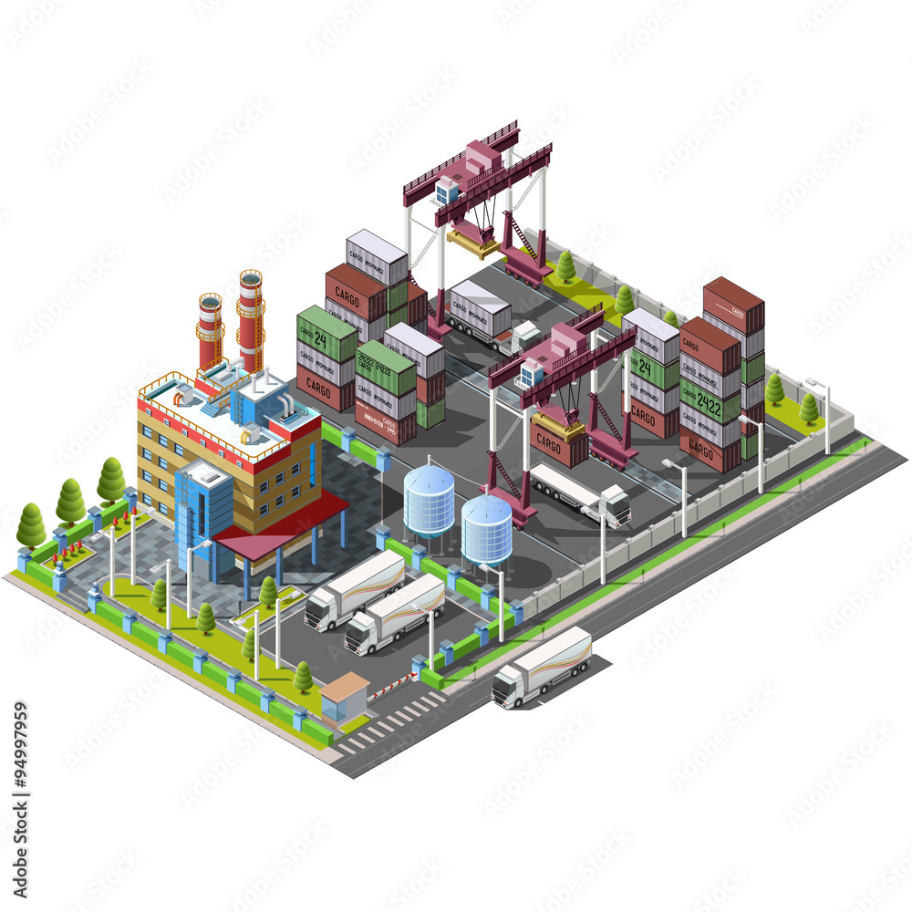 The territory warehouse, factory, with construction cranes, unloading ...