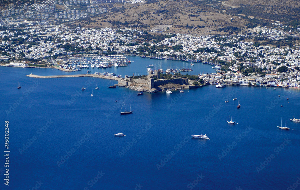 Bird's eye view aerial photograph of beautiful tourism city Bodrum ...
