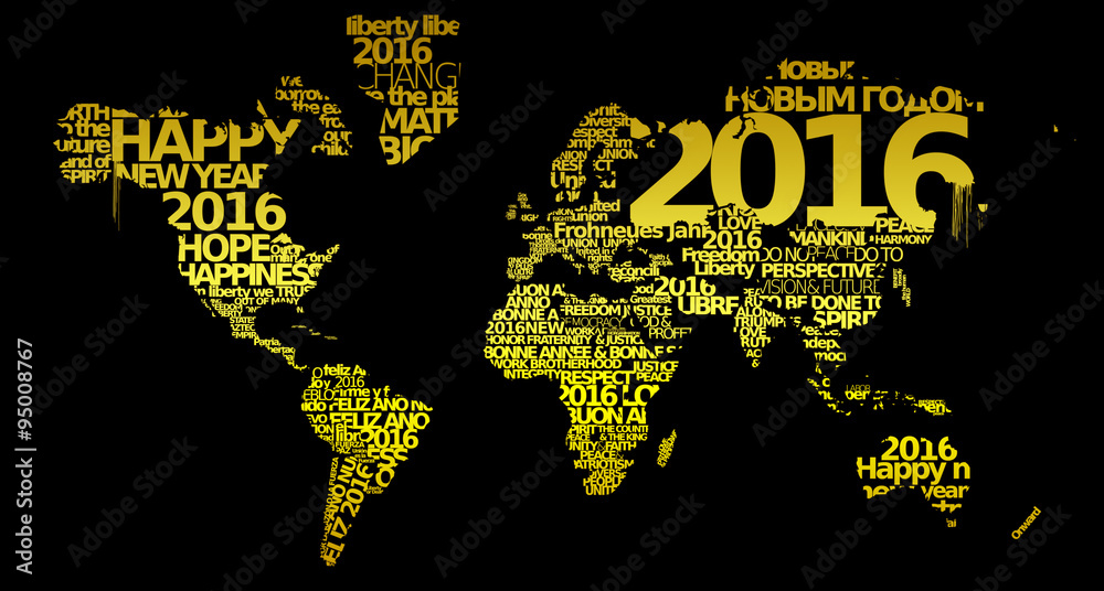 Happy New Year 2016 Golden World map words tag cloud yellow text ...