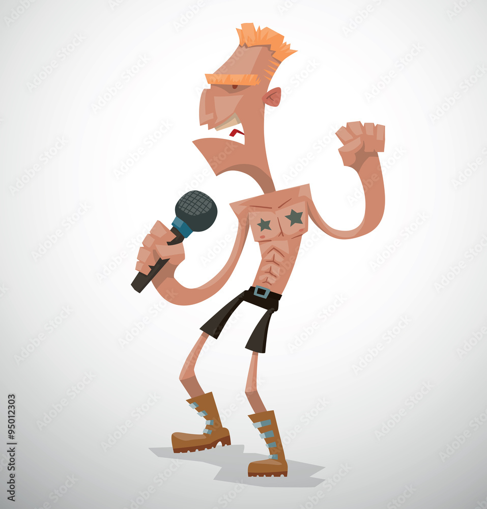 Vector cartoon image of a rock musician with light ginger hair in black ...