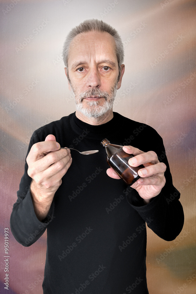 Man Drinking Cough Syrup to Cure Laryngitis, Bronchitis, Flu or any ...