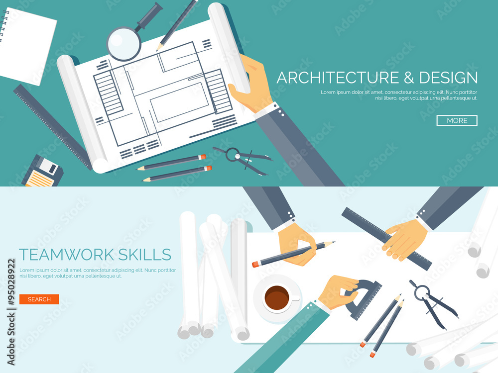 Vector illustration. Flat architectural project. Teamwork. Building and ...