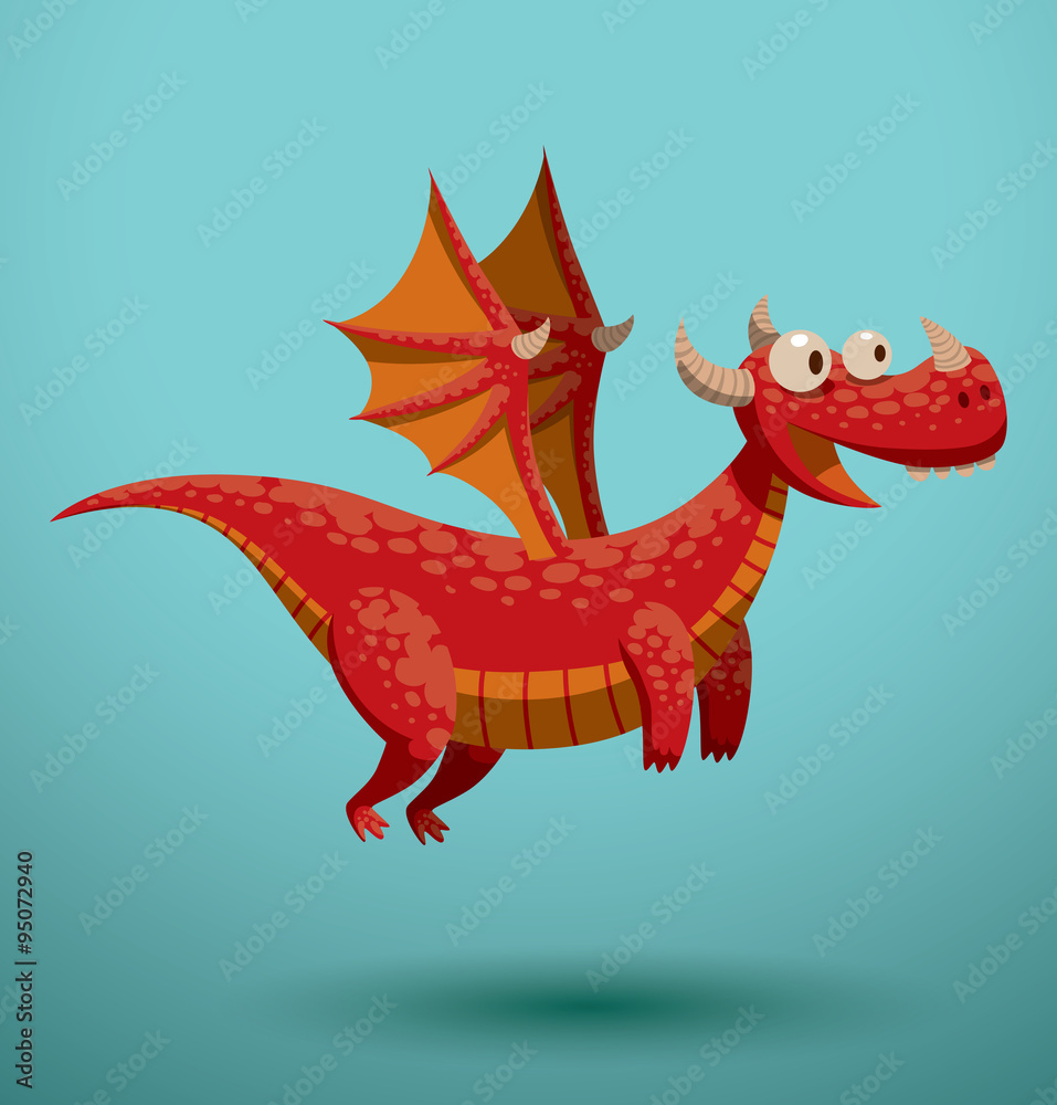 Vector Funny flying dragon, red. Cartoon image of a funny red flying ...