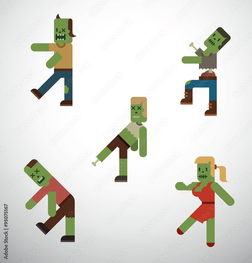Vector Flat Zombie Set. Cartoon flat image of five zombies in different ...