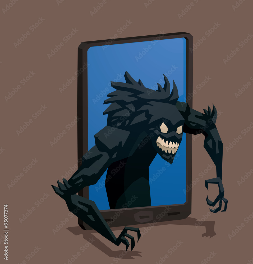 Vector Monster from smartphone. Cartoon image of black smartphone with ...