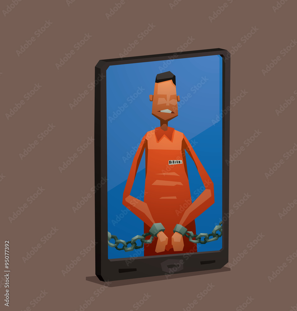 Vector cartoon image of black smartphone with a man with black hair in ...