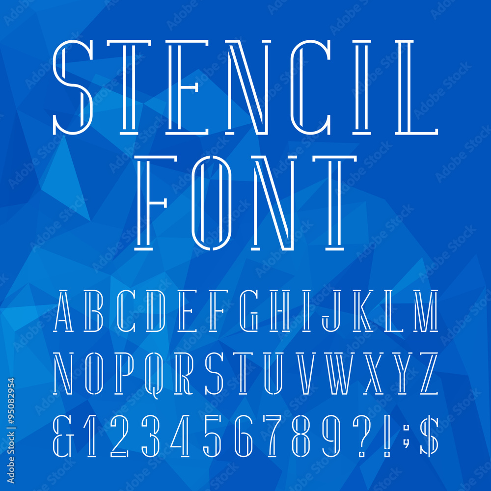 Stencil alphabet vector font. Serif type letters, numbers and symbols ...