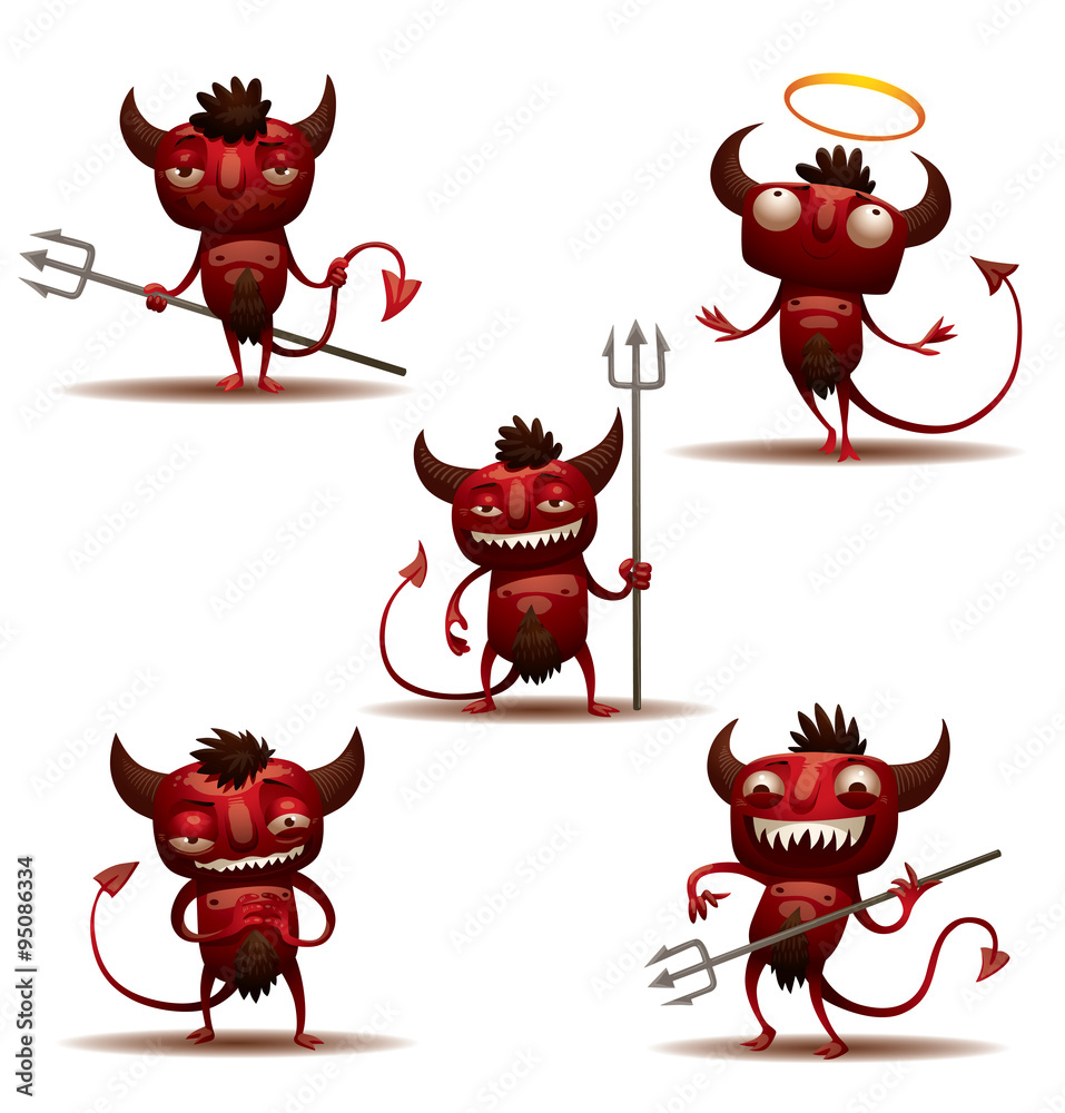 Vector Little Red Devils set. Cartoon image of five red little devils ...