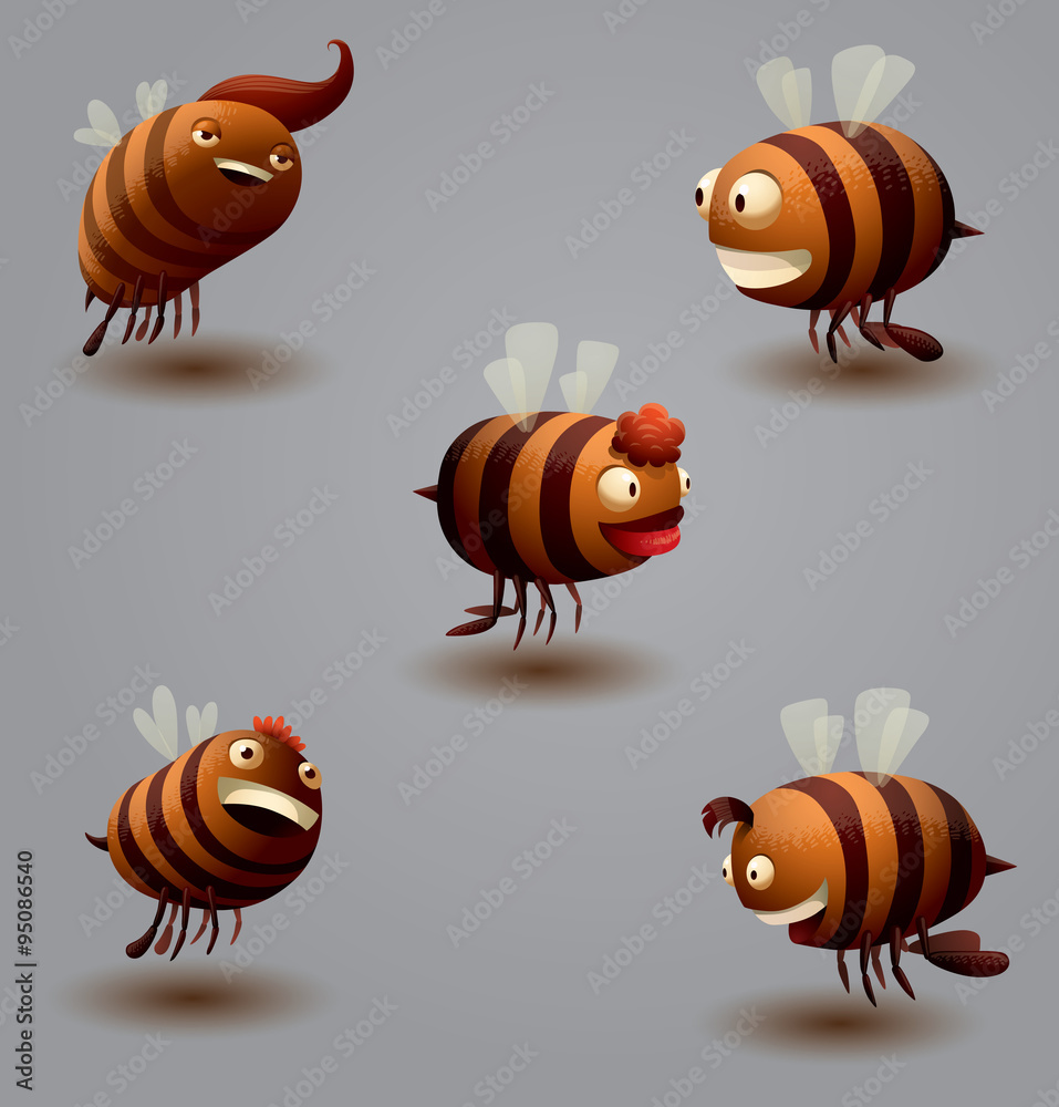 Vector Set of Bees. Cartoon image of five funny different yellow-brown ...