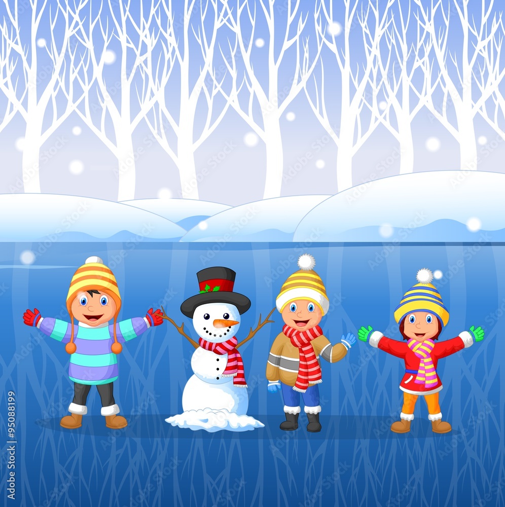 Cartoon kids playing on snow in winter time Stock Vector | Adobe Stock