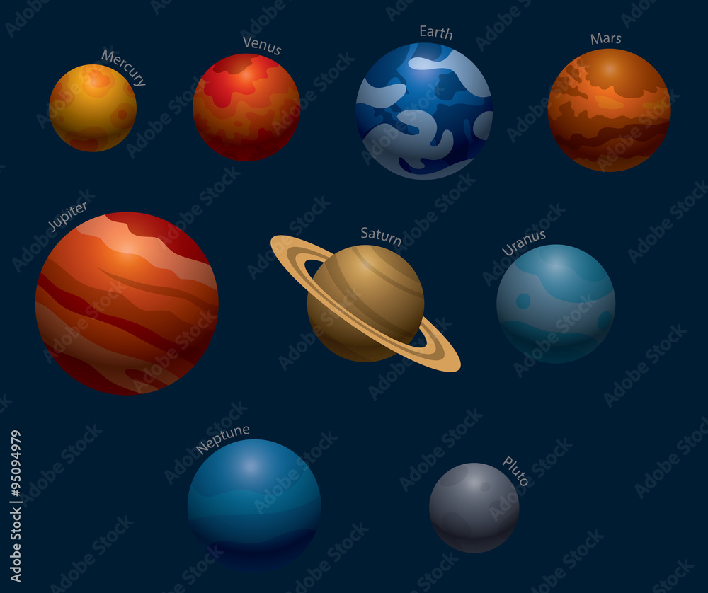 Vector image of the planets of the solar system: orange Mercury, red ...
