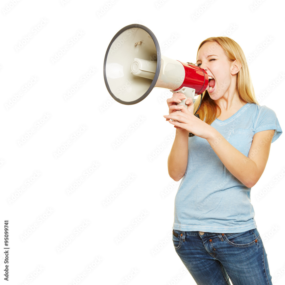Junge Frau ruft mit Megafon Stock Photo | Adobe Stock