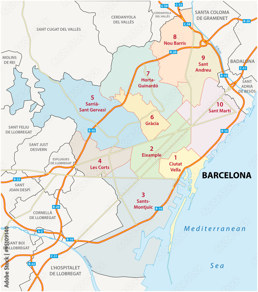 barcelona road and administrative map Stock Vector | Adobe Stock