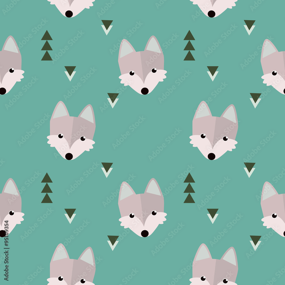 Seamless winter wolf forest pattern. Animal illustration with trees on ...