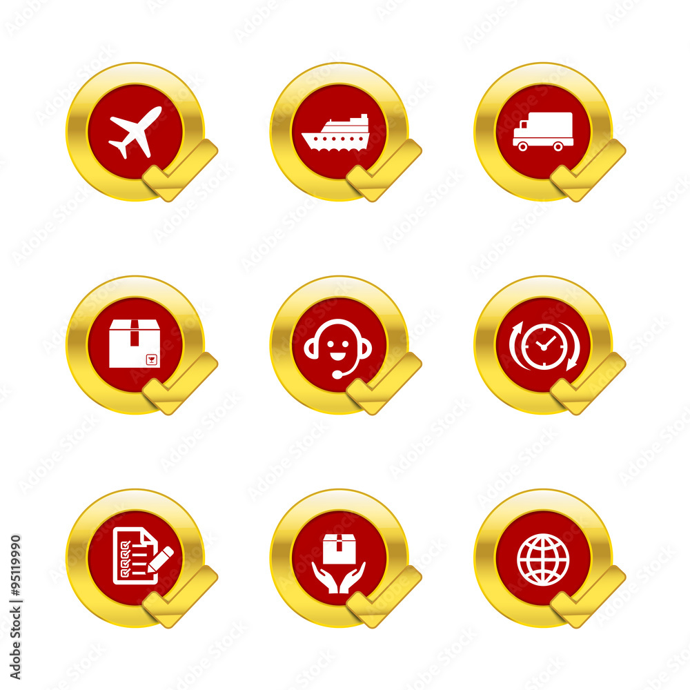 Gold circle and check mark with logistic and transport icons iso Stock ...