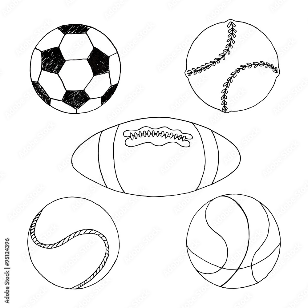Freehand drawing sport balls vector set isolated on white background ...