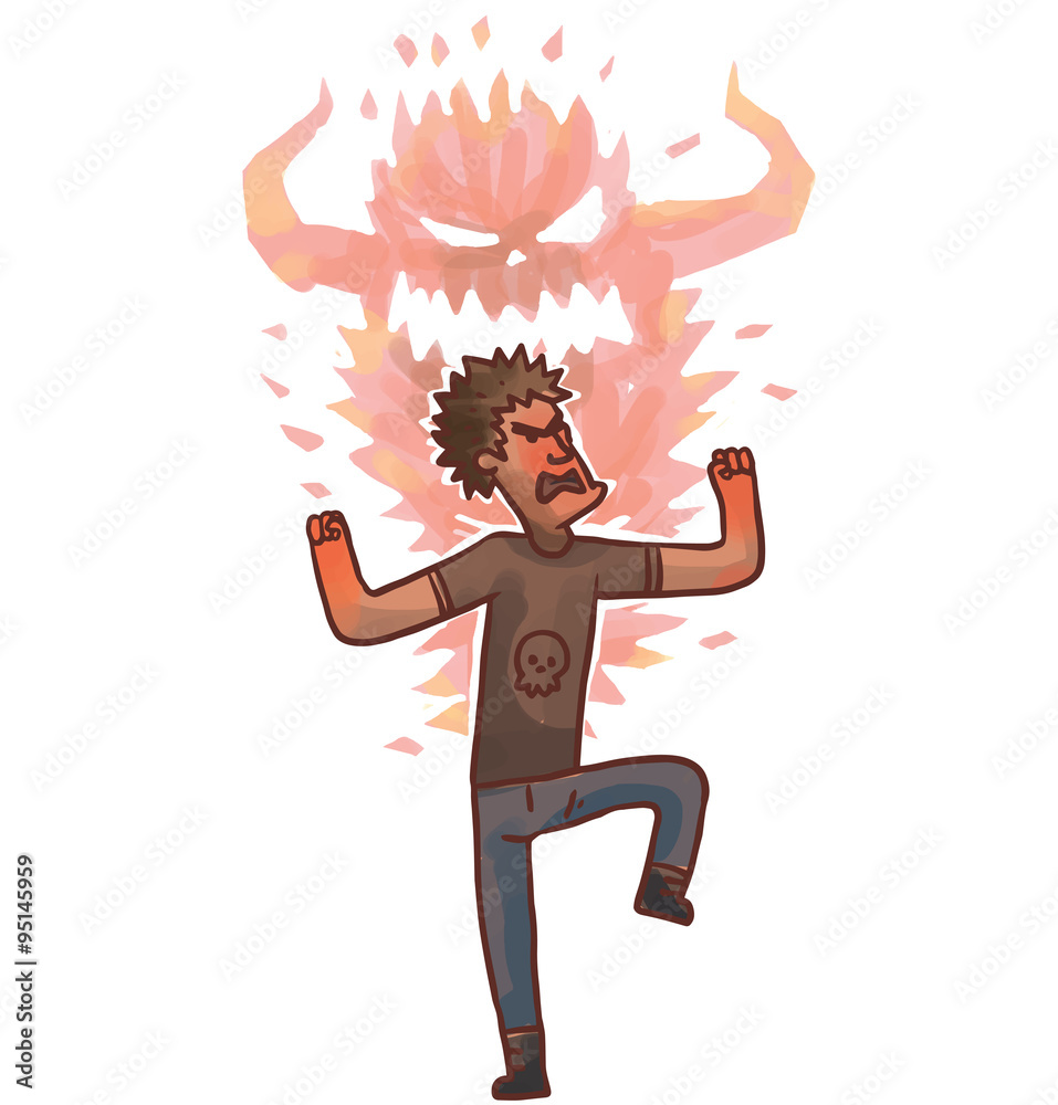 Vector Angry man. Cartoon image of an angry man in a brown T-shirt with ...