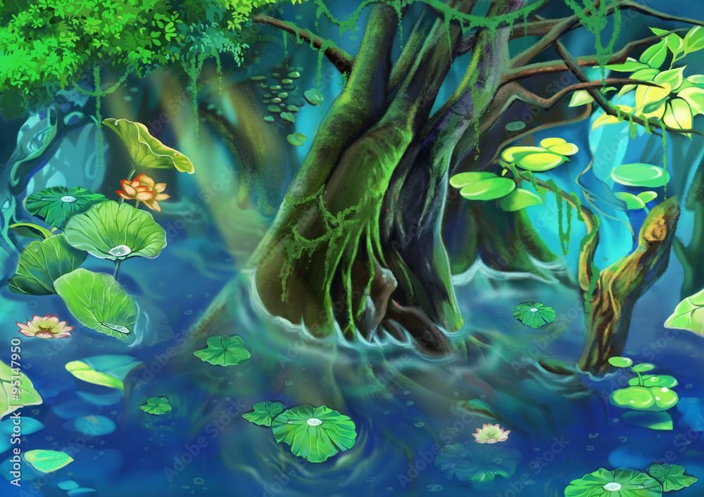 Illustration: The Tree Pond. Realistic Cartoon Style Scene / Wallpaper ...