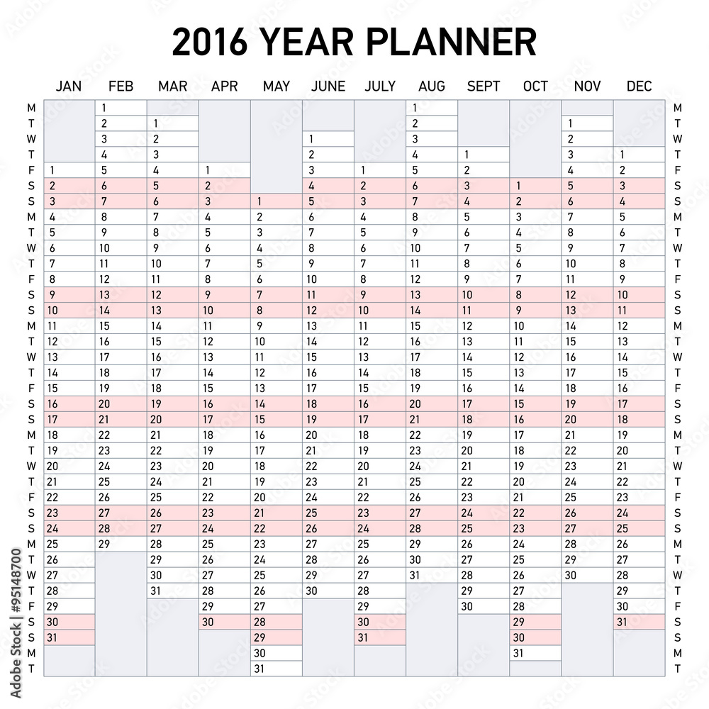 2016 year planner. Week starts Monday. Stock Vector | Adobe Stock