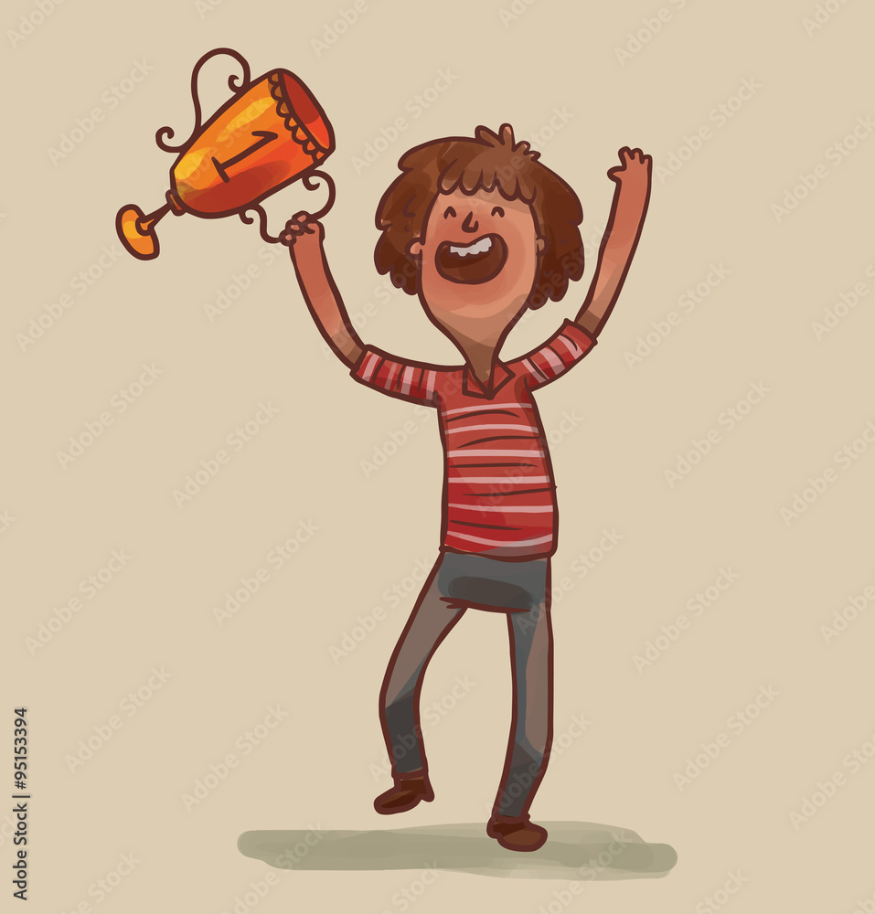 Vector Boy won a prize. Cartoon image of a little boy with brown curly ...