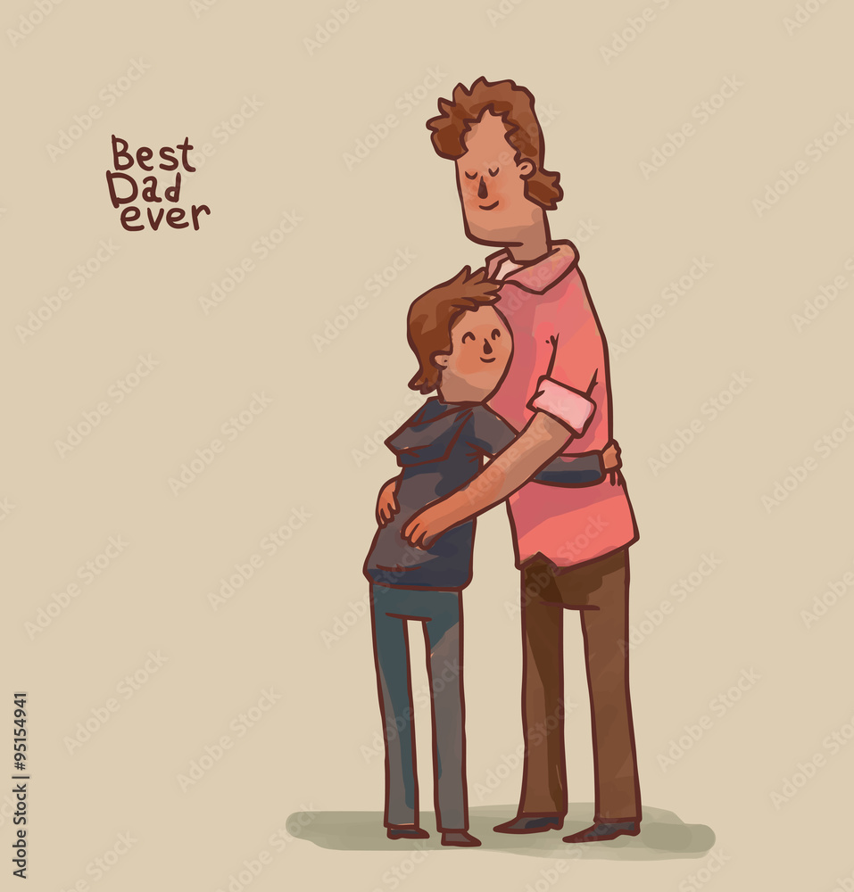Vector cartoon image of a man with brown hair - dad hugging a little ...