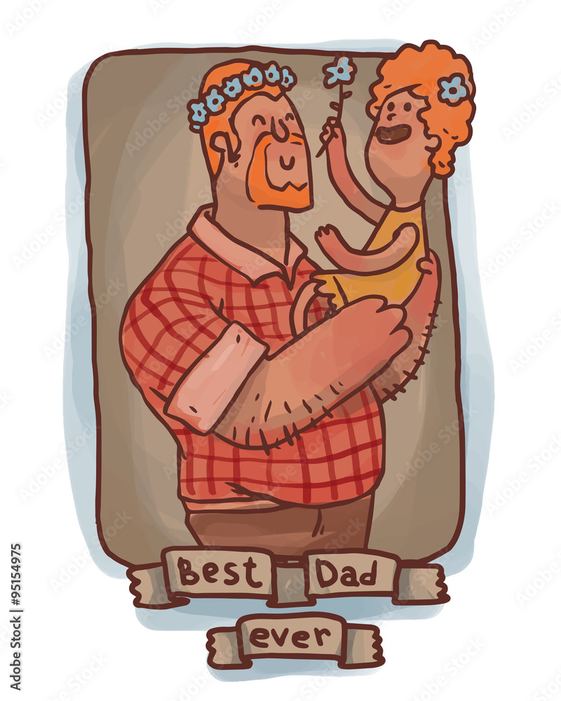 Vector brown frame with cartoon image of a man with ginger hair and a ...