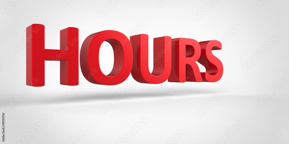 Hours 3D red text Illustration word Render isolated on White grey gray ...
