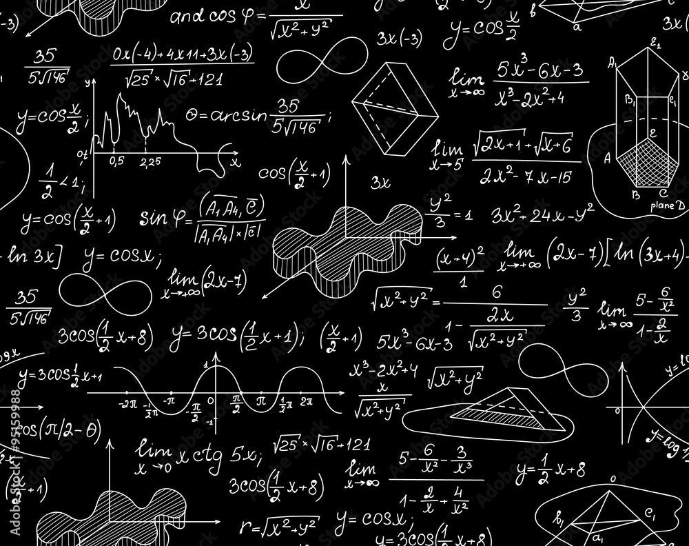 Math endless texture with formulas and figures, mathematical ...