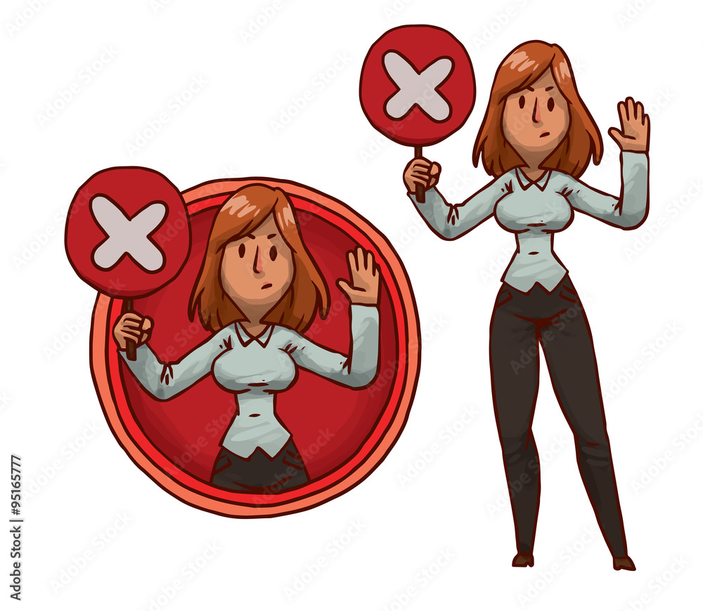 Vector cartoon image of a woman with web button in red circle on a ...