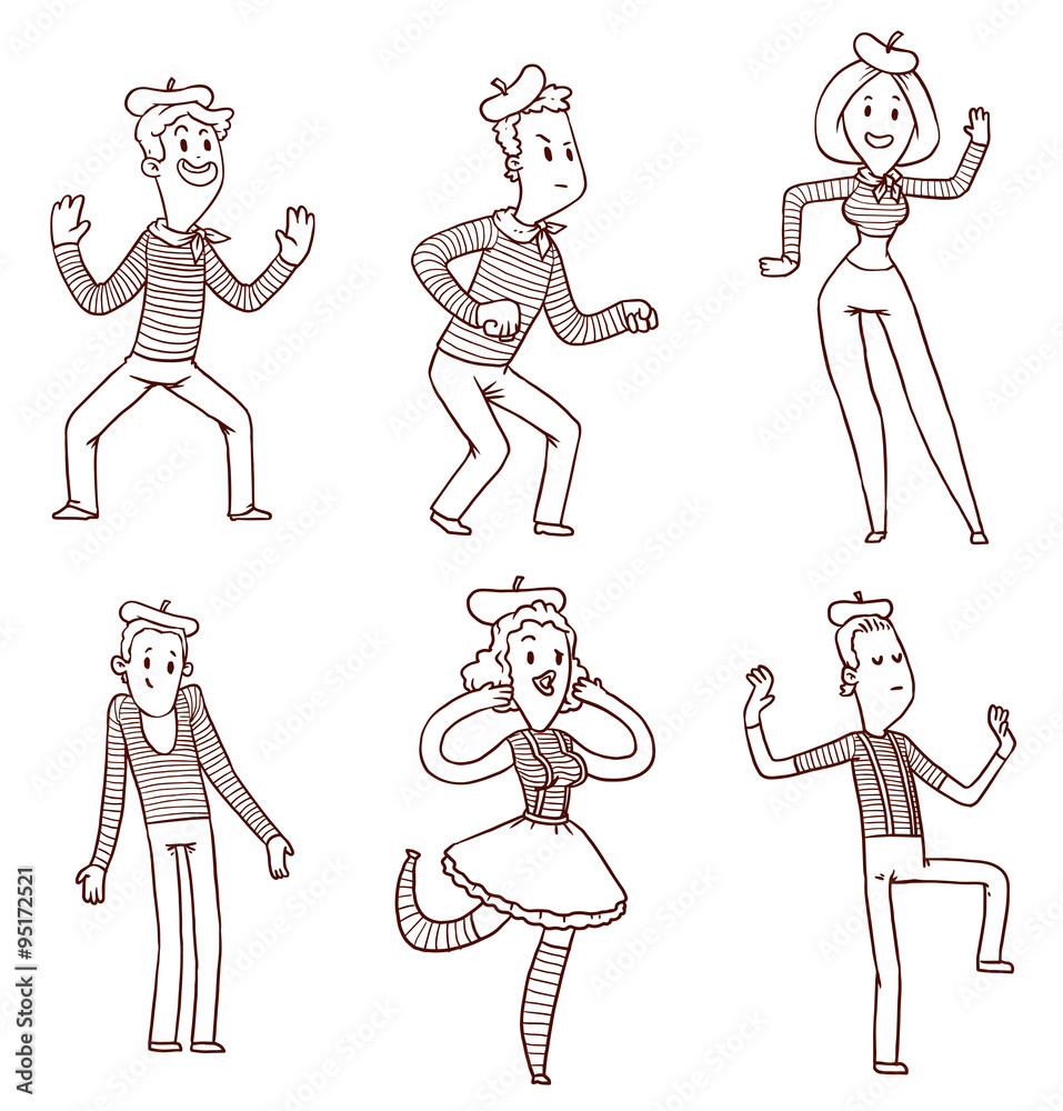 Vector Set of Mimes. Linear cartoon image of four male mimes and two ...