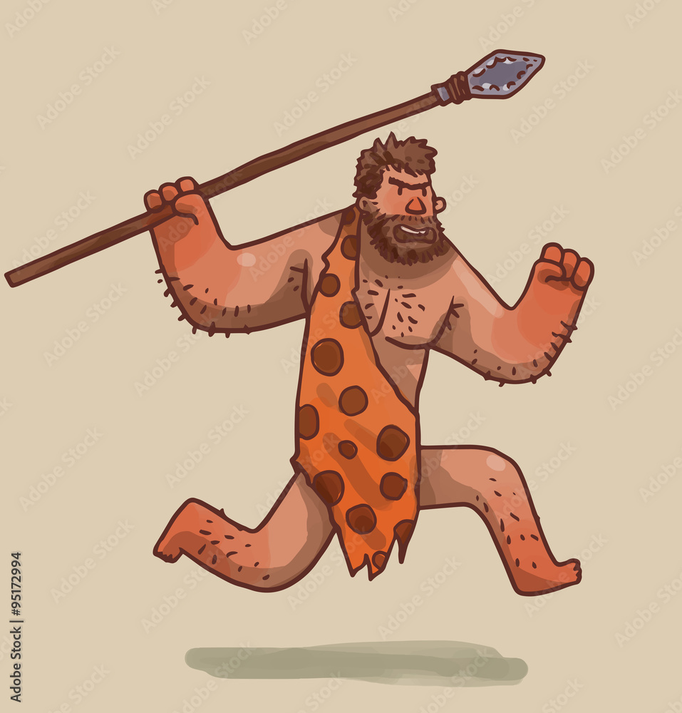 Vector Caveman running with a spear. Cartoon image of the caveman with ...