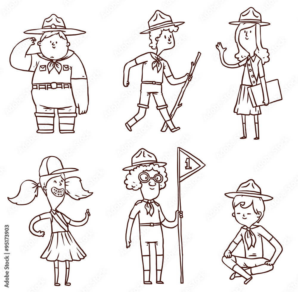 Vector Boy-scouts and girl-scouts. Line cartoon image of four boy ...