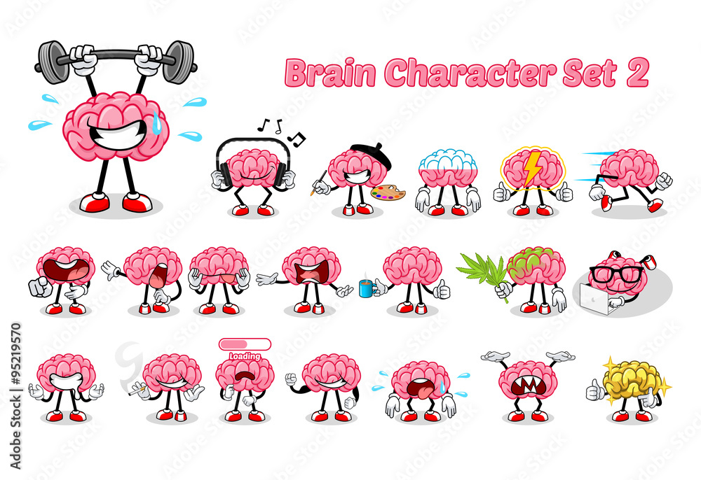Set of Brain Cartoon Character 2 Vector Illustration Stock Vector ...