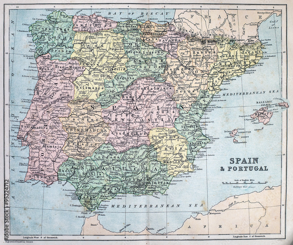Map of 19th Century Spain and Portugal Stock Photo | Adobe Stock