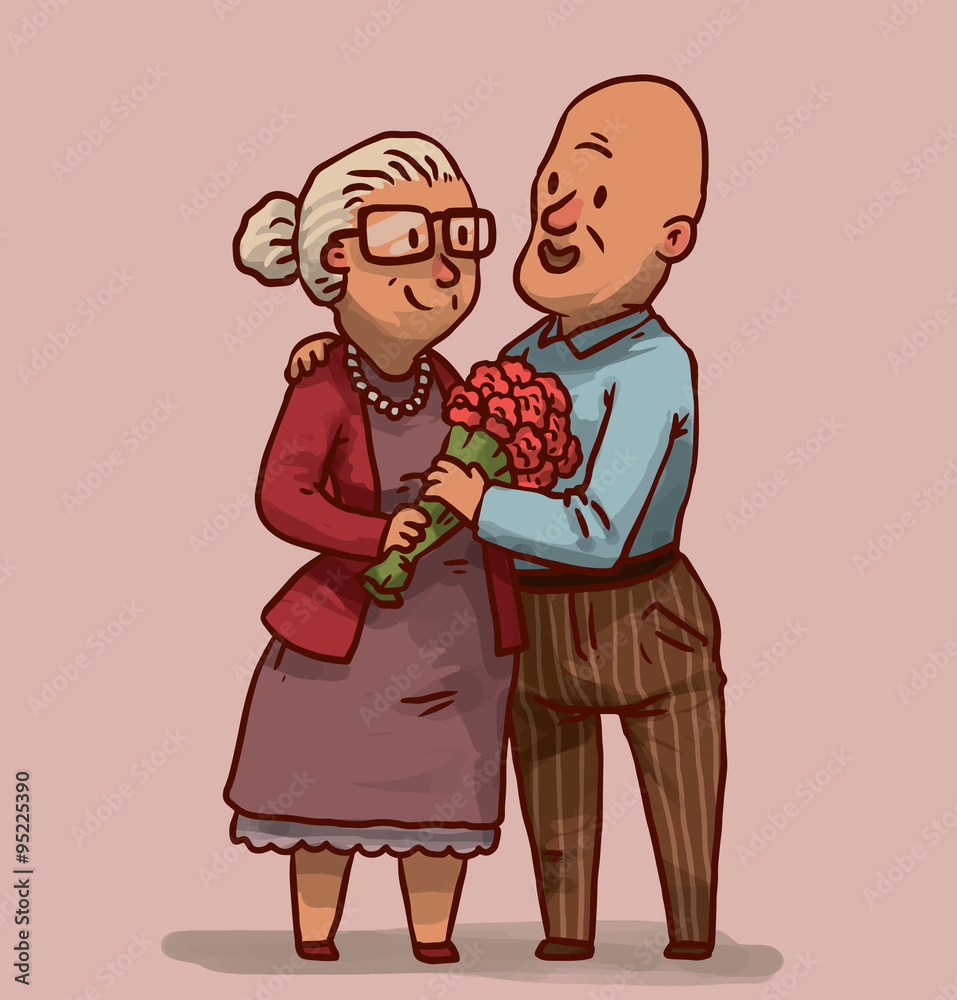 Vector cartoon image of happy old couple: she - with gray hair in ...