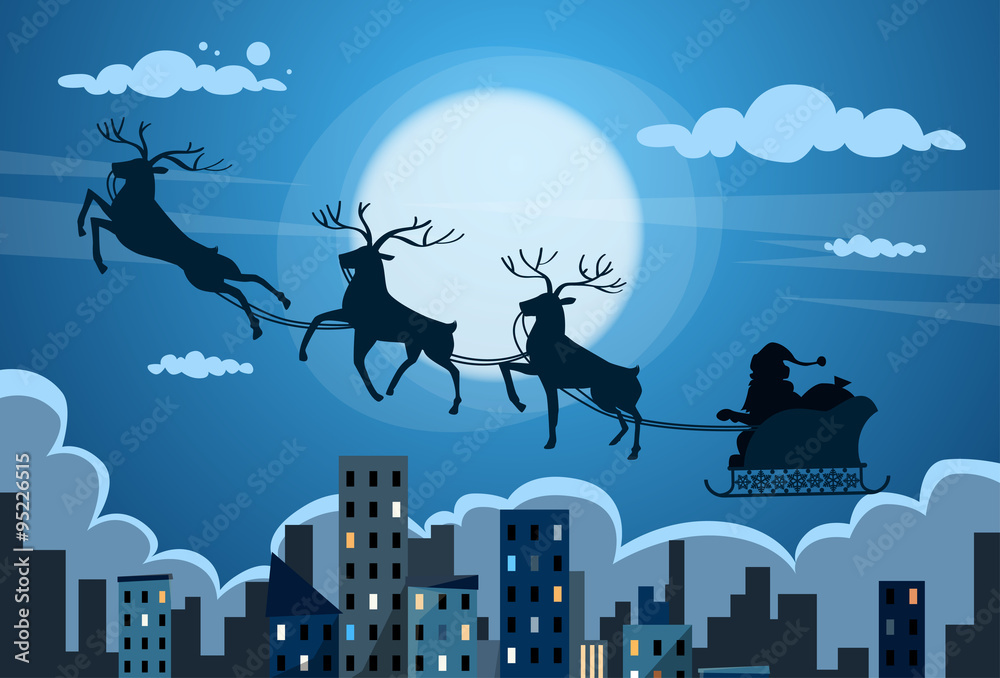 Santa Claus Sleigh Reindeer Fly Sky over City Skyscraper Night View Cityscape Snow Skyline ...