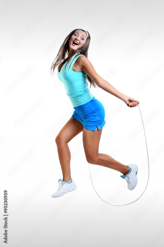 Young Happy Girl training with Jump Rope isolated on White Stock Photo ...