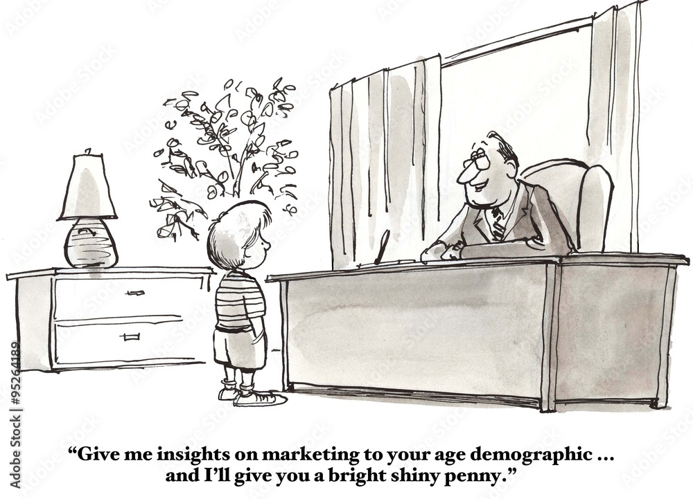Business cartoon of businessman saying to young boy, 'Give me insights ...