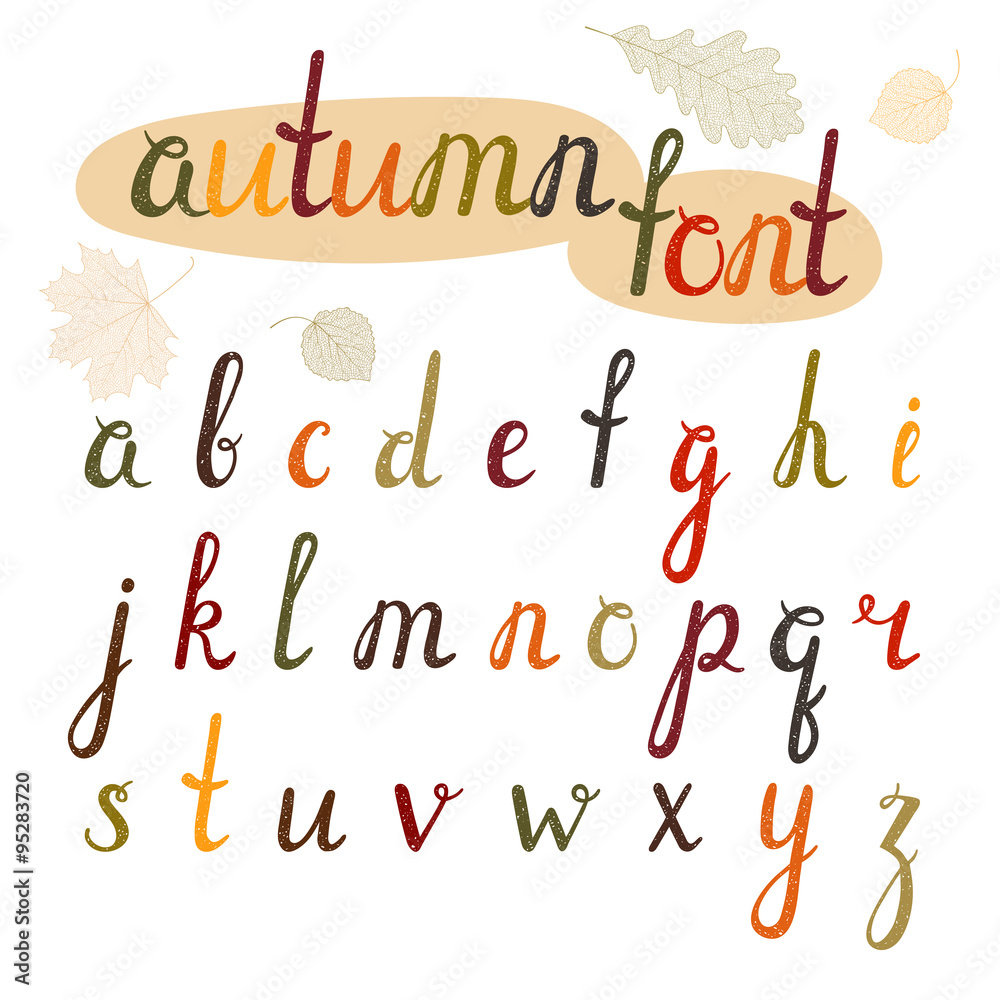 Hand-drawn autumn font. All the letters are painted in autumn colors ...