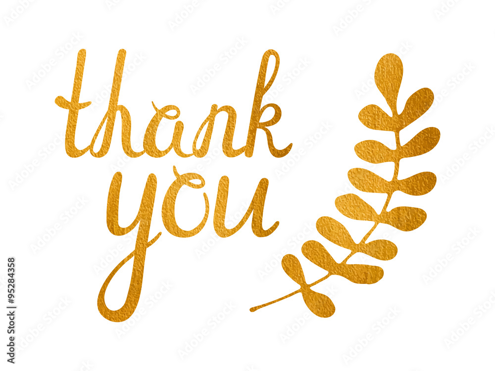 Thank you golden inscription and gold sprig of laurel on white ...