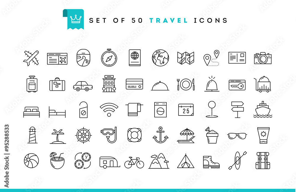 Set of 50 travel icons, thin line style Stock Vector | Adobe Stock