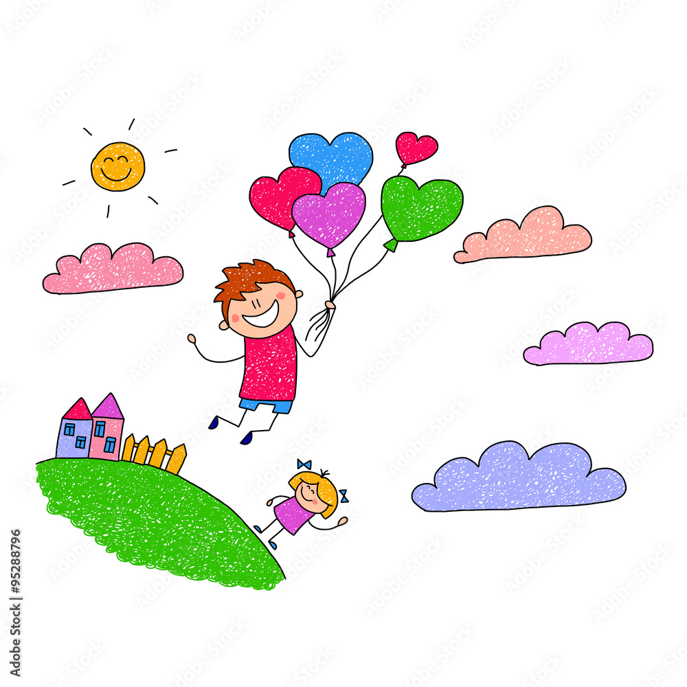 Cartoon boy fly at hot air balloons. Stock Vector | Adobe Stock