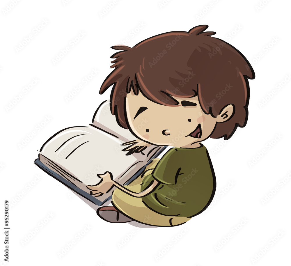 niño sentado con libro Stock Illustration | Adobe Stock