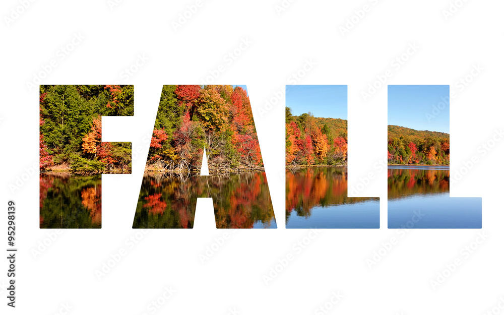 Large bold text spelling out the word fall with autumn scenics inside ...